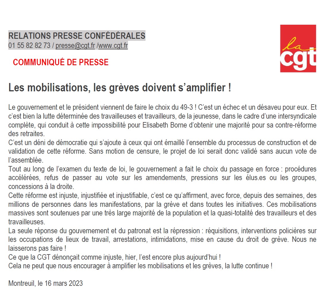Les Communiqués du 16/03/2023 suite au 49.3 – Union Départementale CGT de Saône-et-Loire