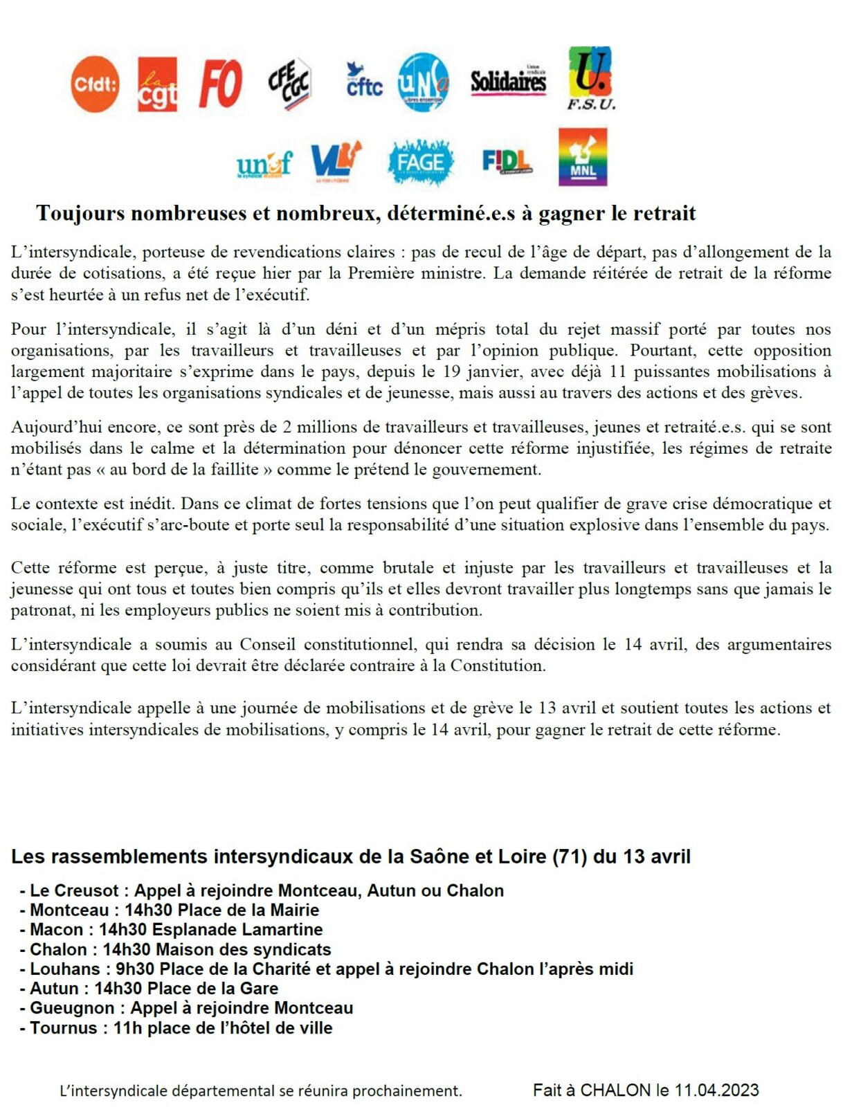 Tract départemental 13 avril 2023 : Toujours nombreuses et nombreux ...