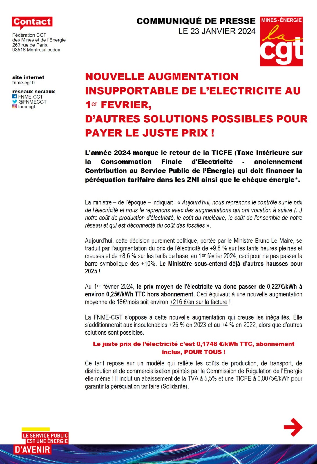 Communiqué de la CGT Mines-Energie : NOUVELLE AUGMENTATION ...